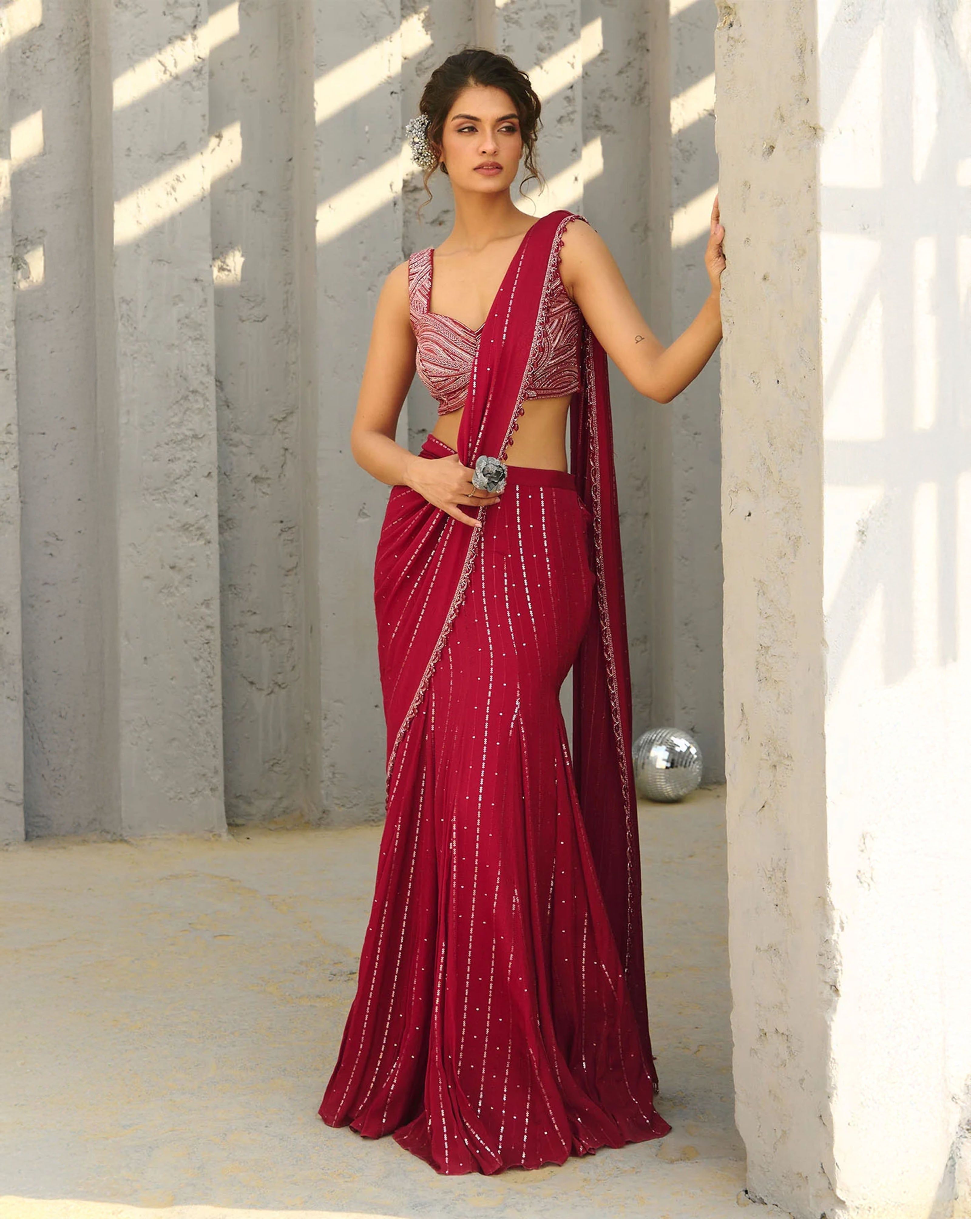 Halley Red Pre Draped Saree – Panache by Sharmeen