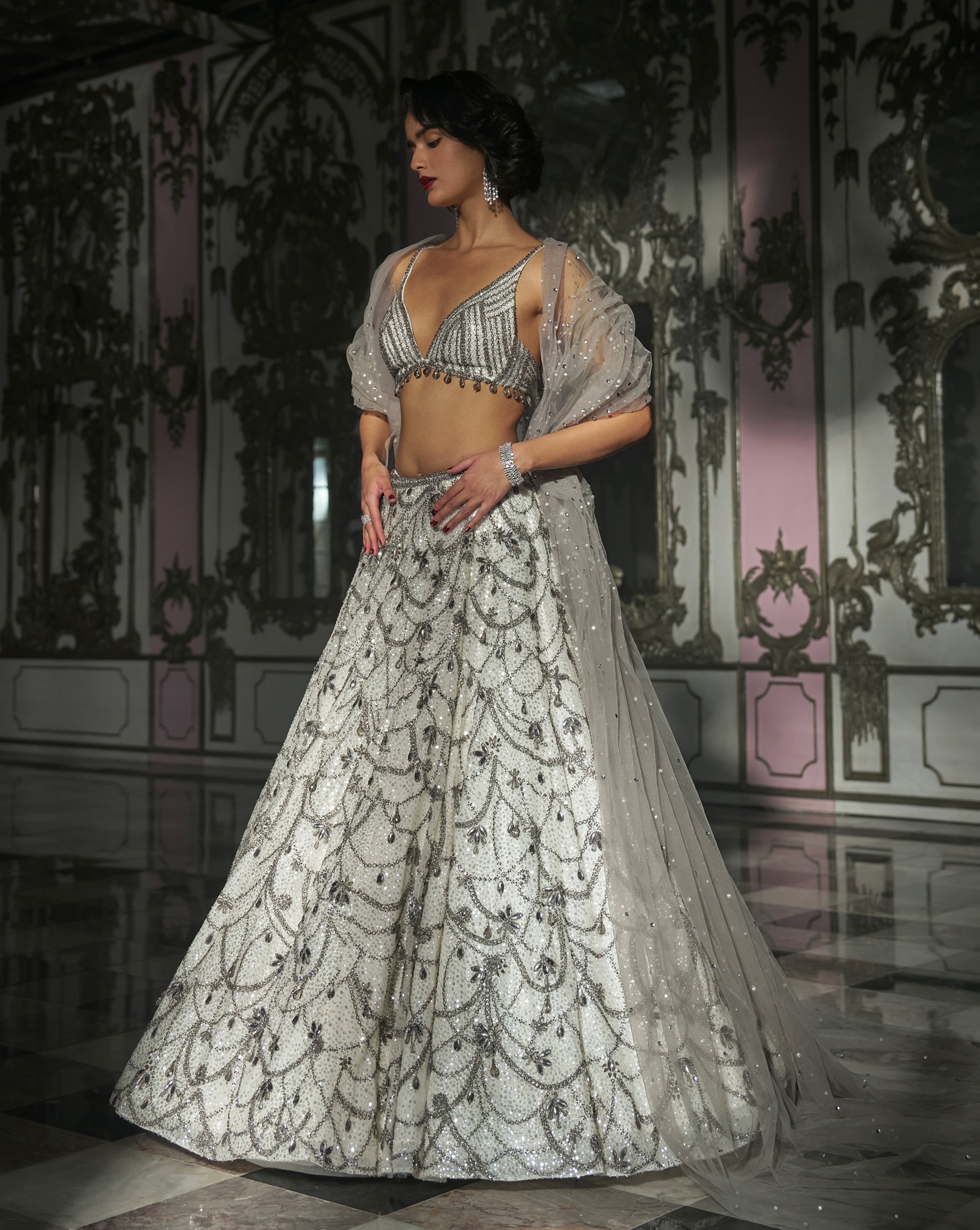 White Chandelier Lehnega Set – Panache by Sharmeen