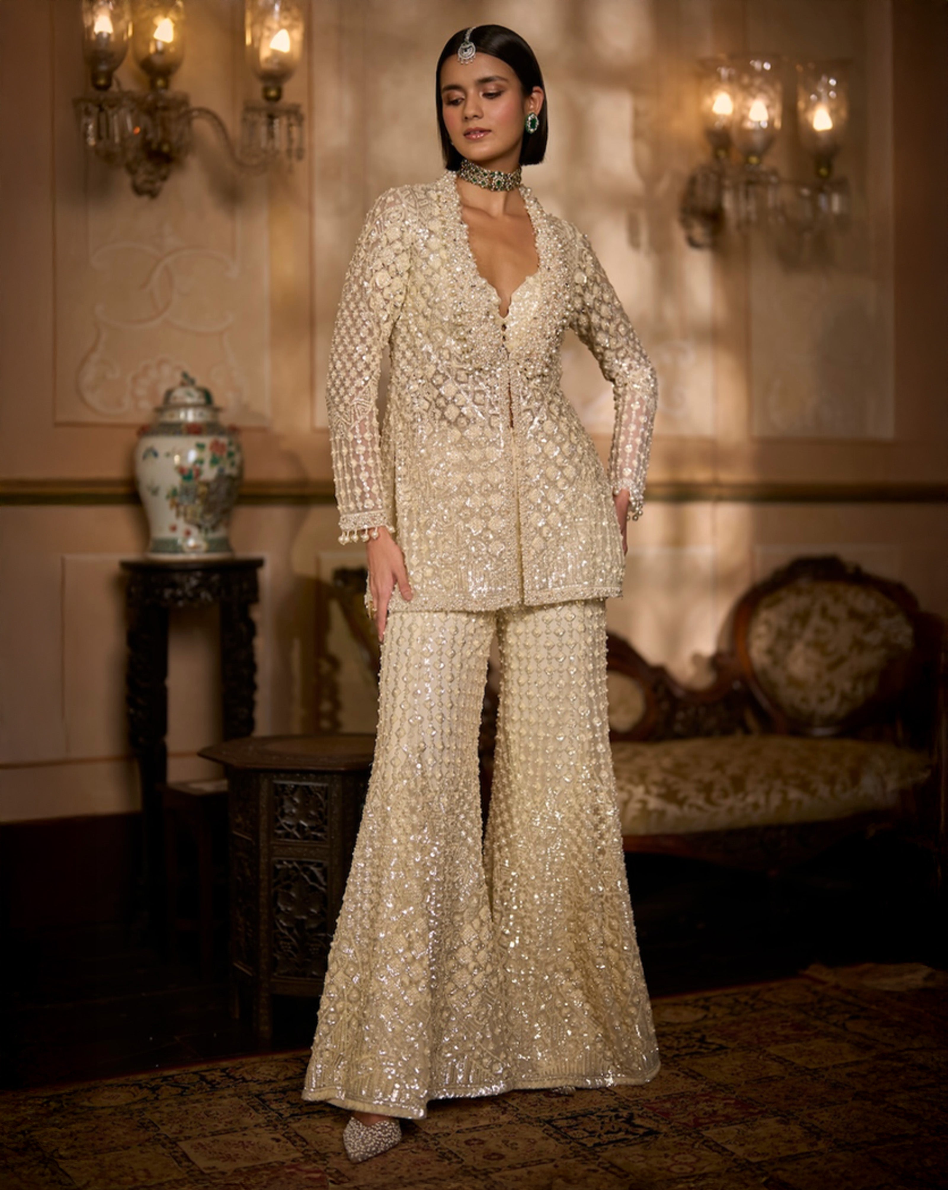 Cream Open Jacket Sharara - Pant Set – Panache by Sharmeen
