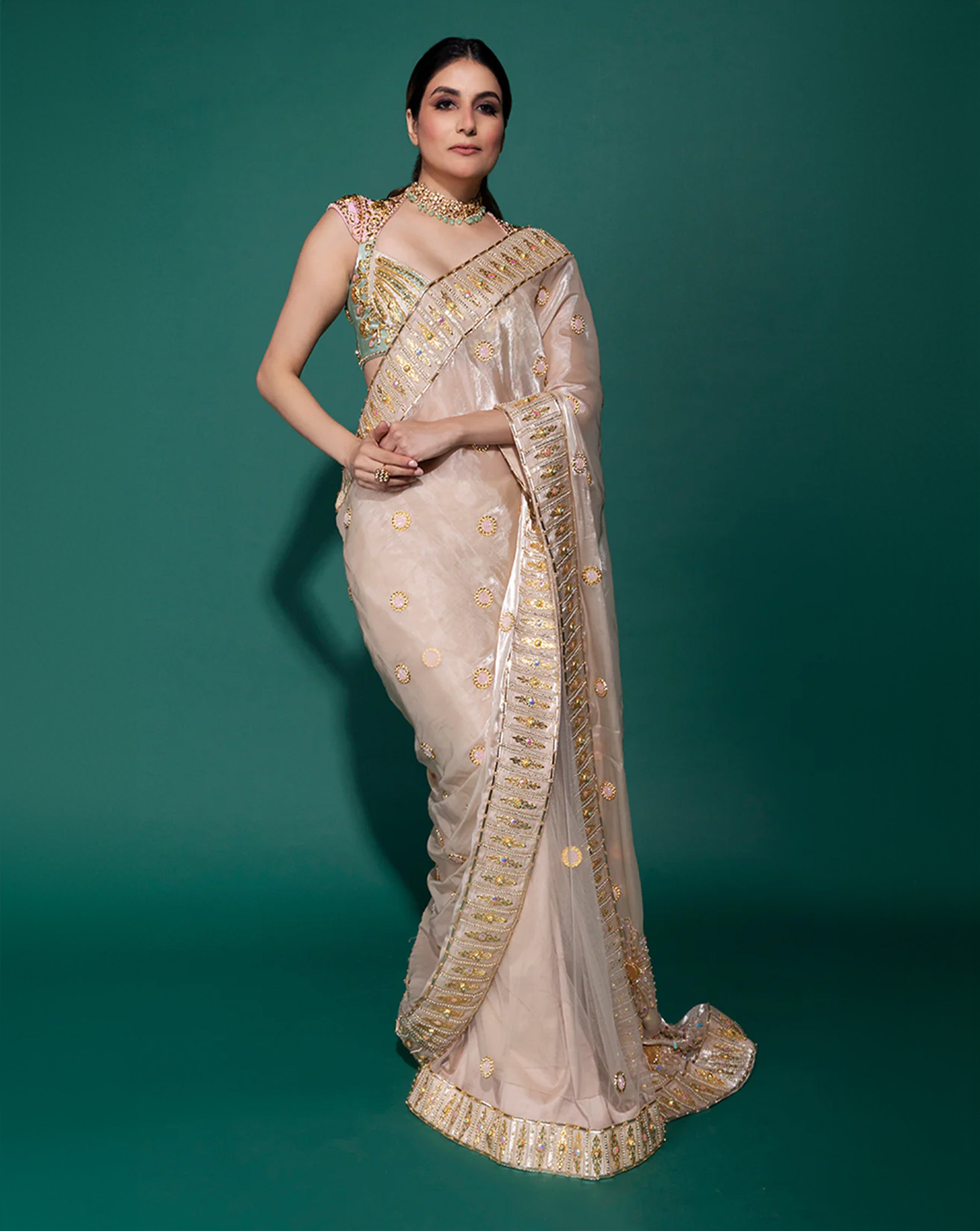 Crystal Cascade Ivory Organza Saree – Panache by Sharmeen