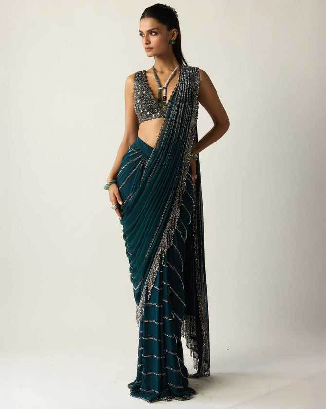 Dark Teal Linear Draped Saree - Ready to Ship – Panache by Sharmeen