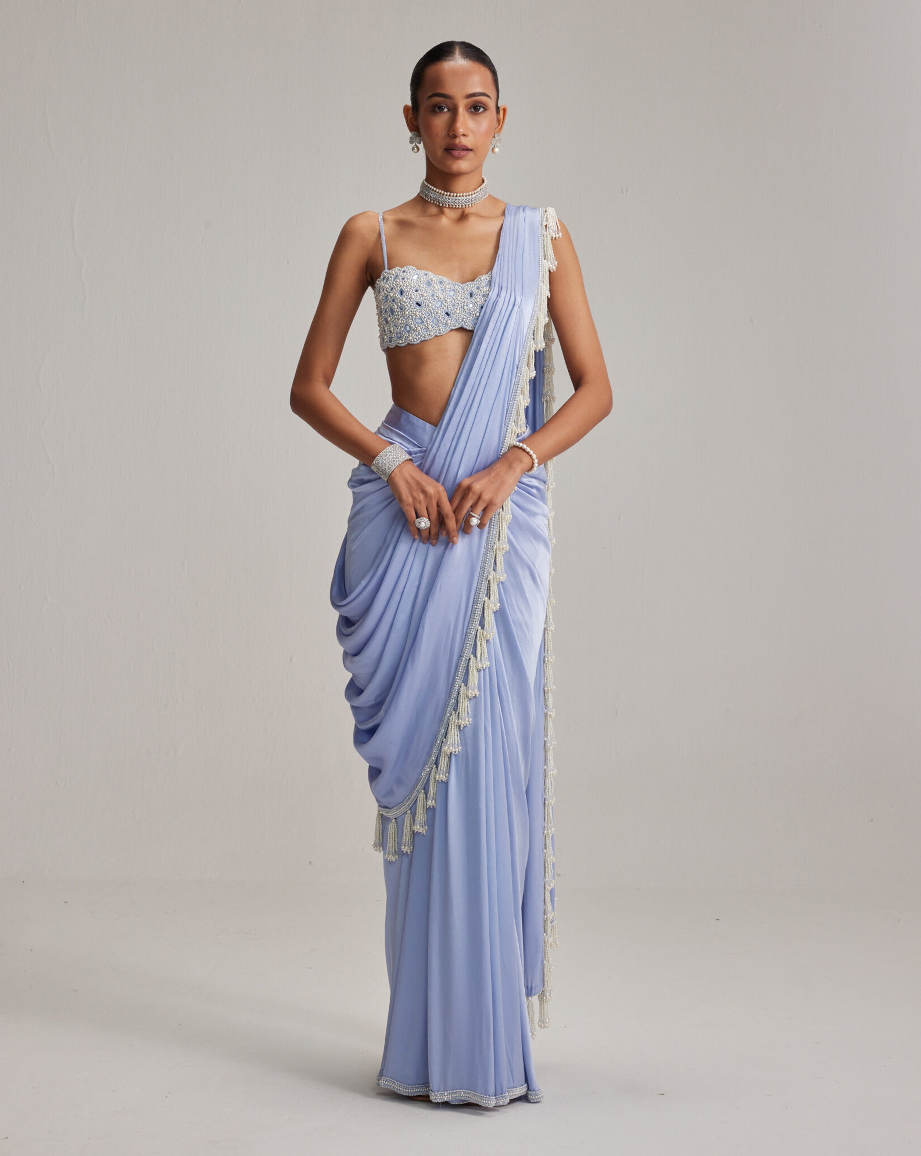 Dew Blue Satin draped Saree Set – Panache by Sharmeen