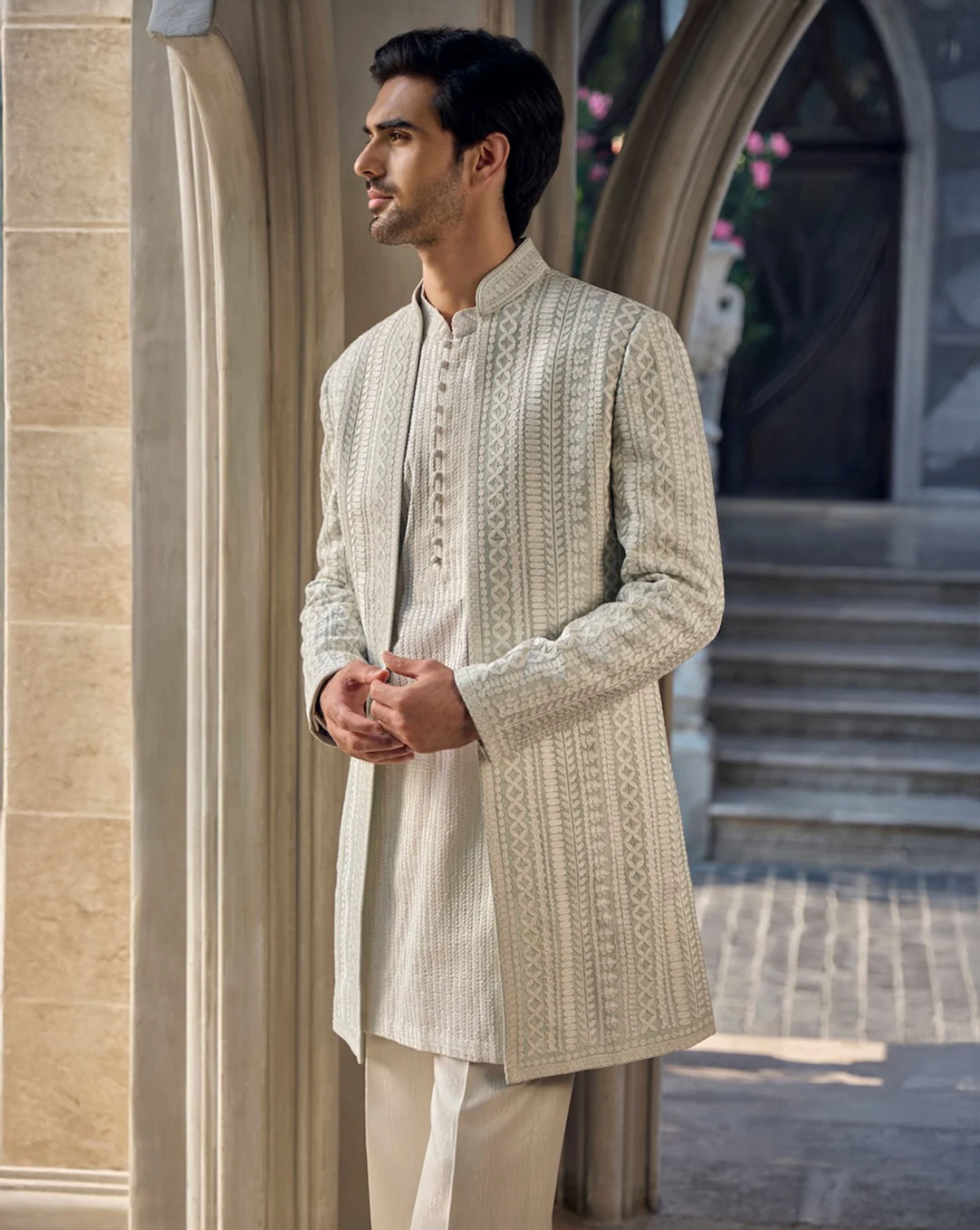 Grey Ivory Open Jacket Set – Panache by Sharmeen