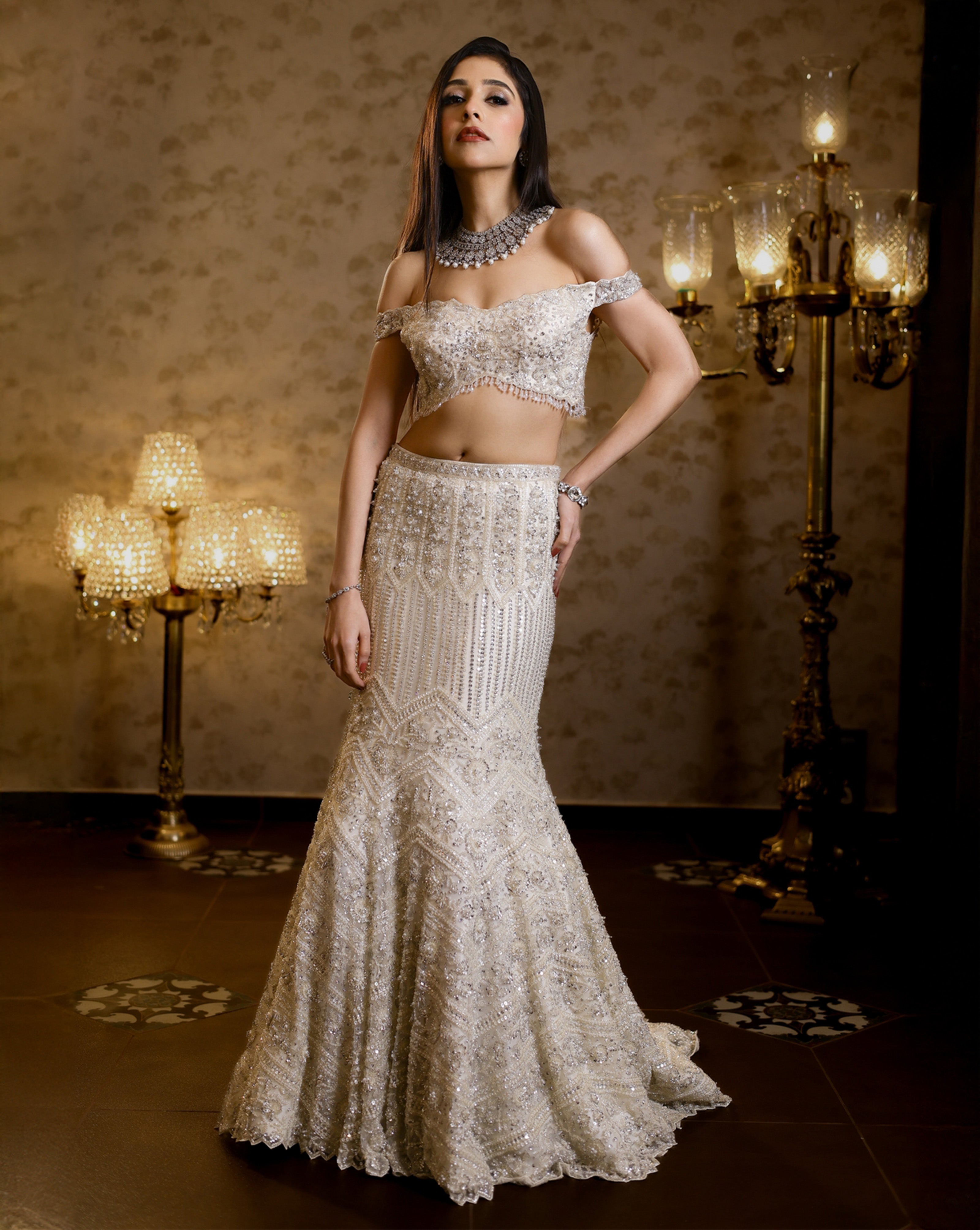 Ivory Fishcut Lehenga – Panache by Sharmeen
