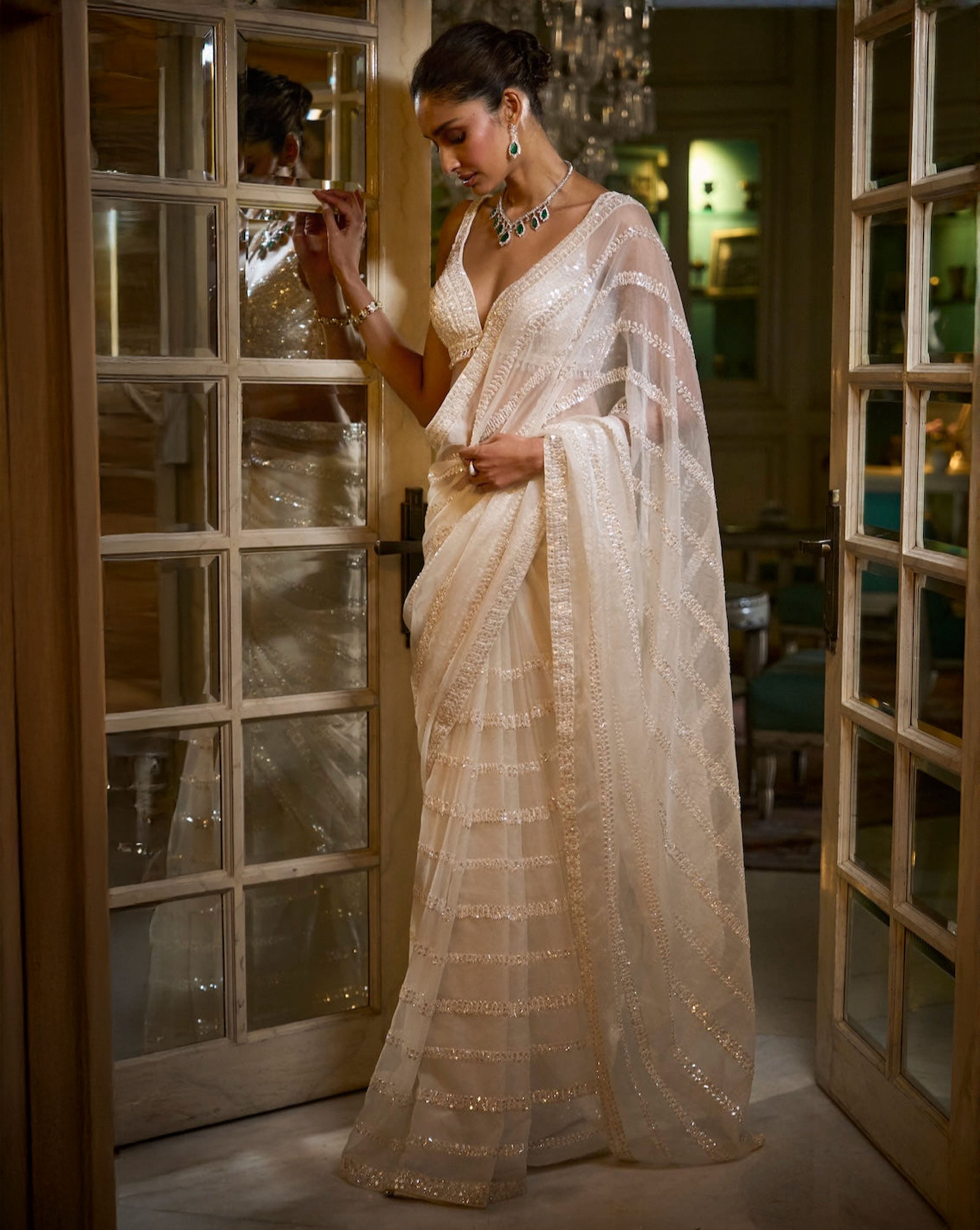 Ivory Organza Sequin Saree – Panache by Sharmeen