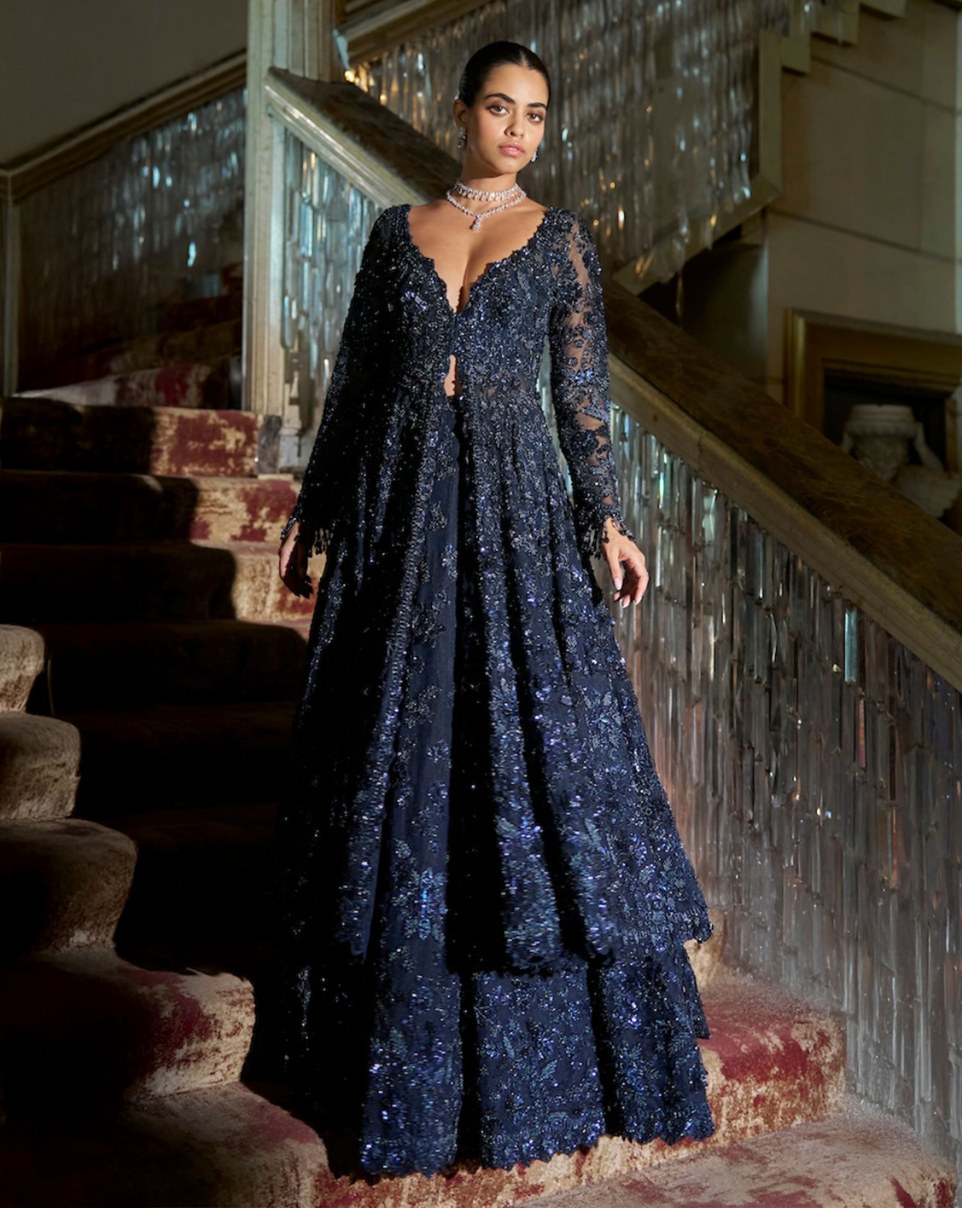 Midnight Blue Jacket Lehenga Set – Panache by Sharmeen