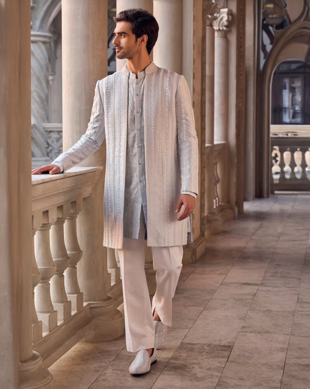 Powder Blue Pearl Open Sherwani Set – Panache by Sharmeen