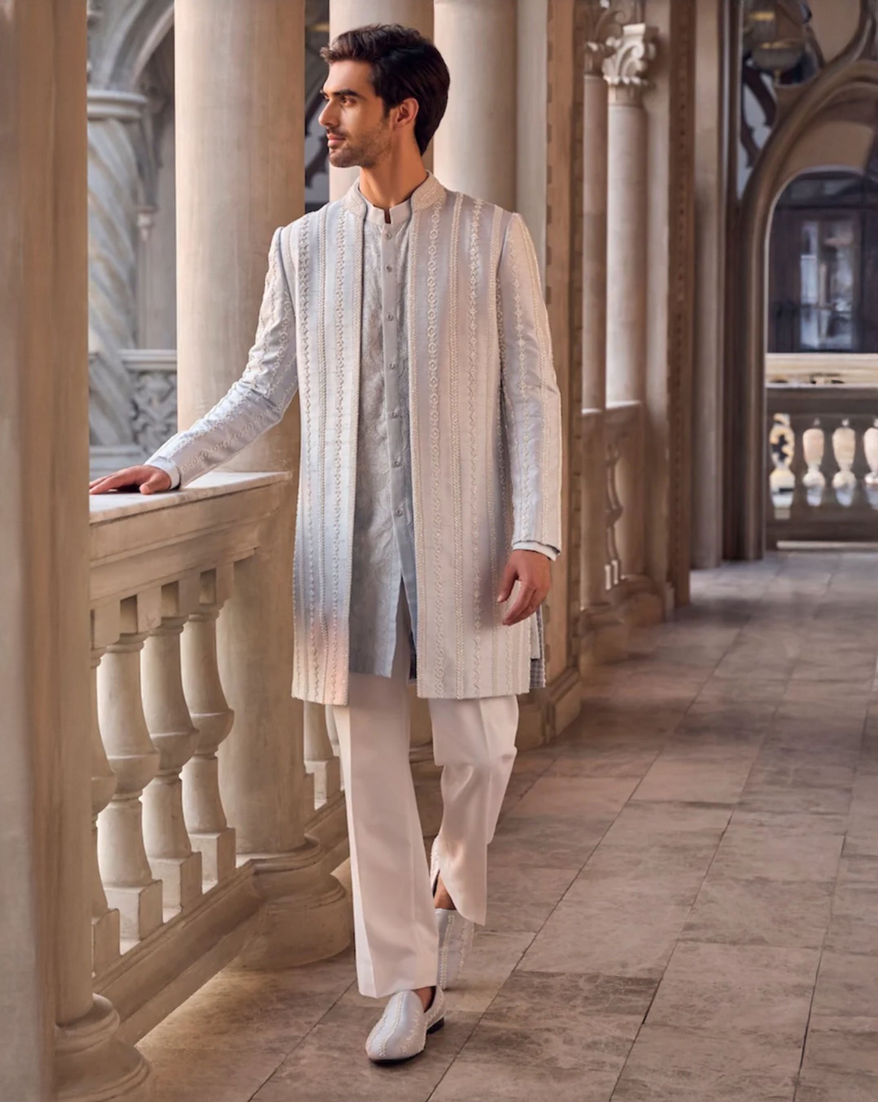 Powder Blue Pearl Open Sherwani Set – Panache by Sharmeen
