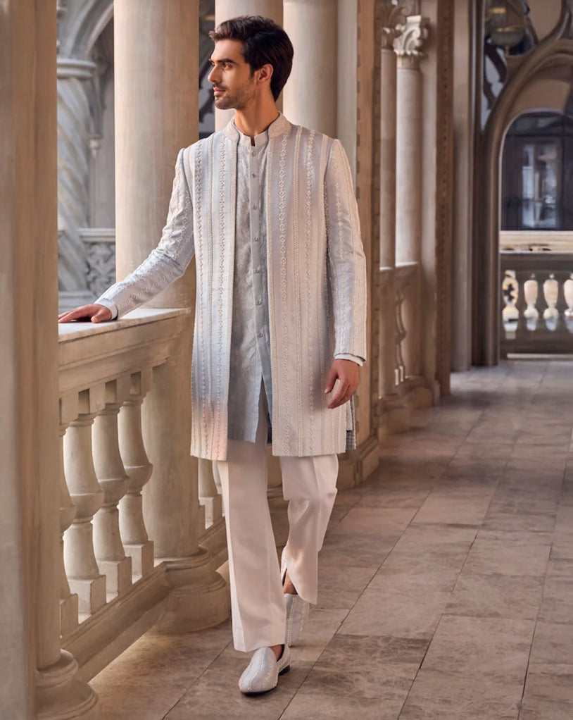 Powder Blue Pearl Open Sherwani Set – Panache by Sharmeen