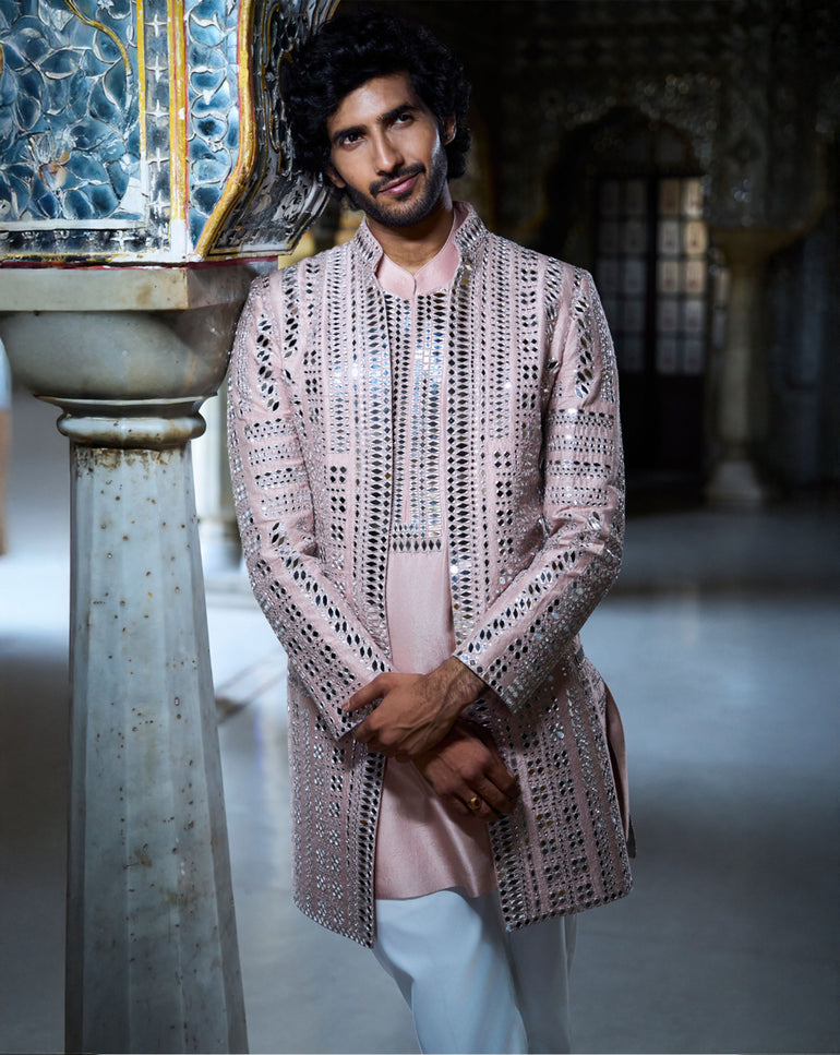 Rose Gold Mirror Work Open Jacket Set – Panache by Sharmeen