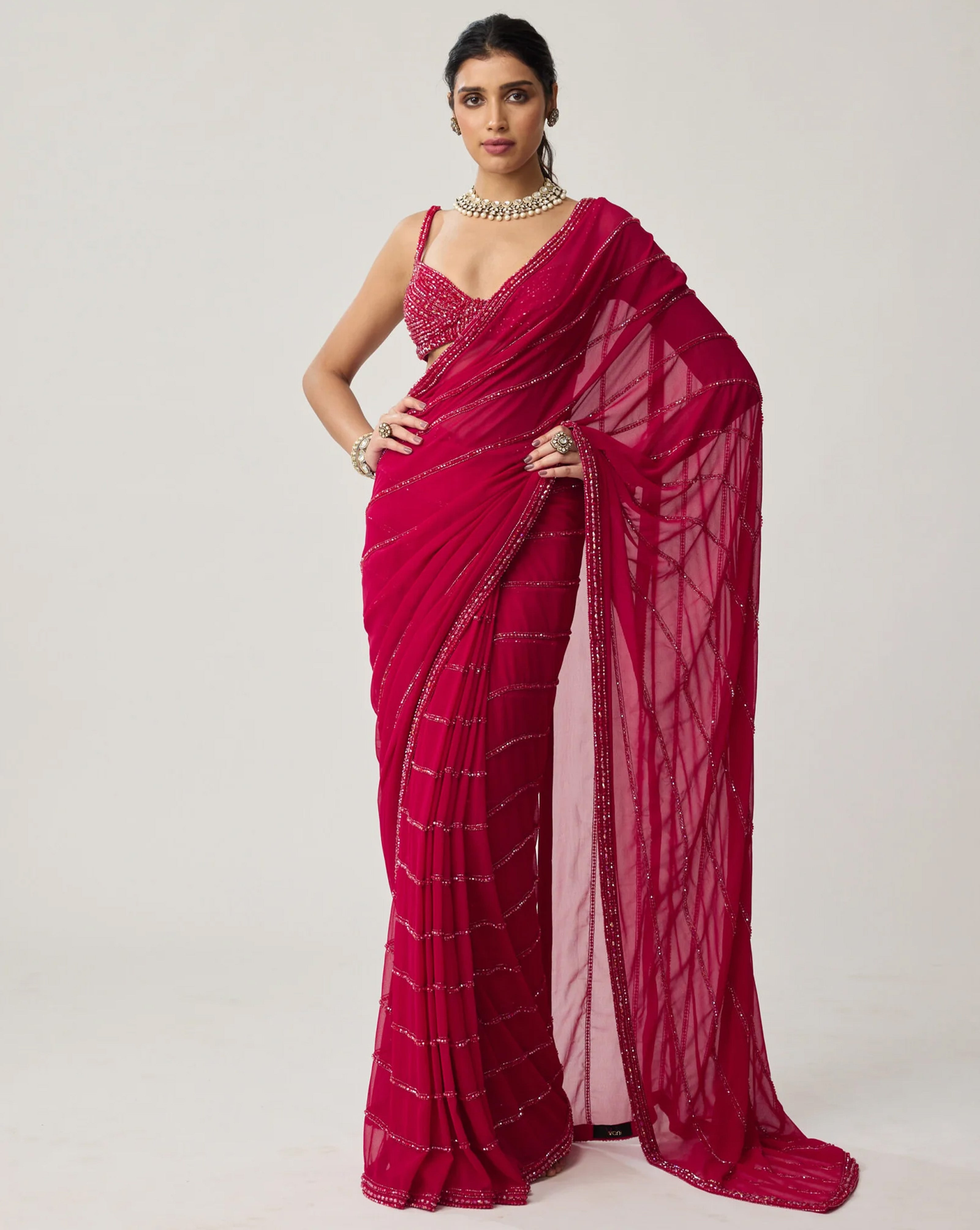 Ruby Red Crystal Saree set – Panache by Sharmeen