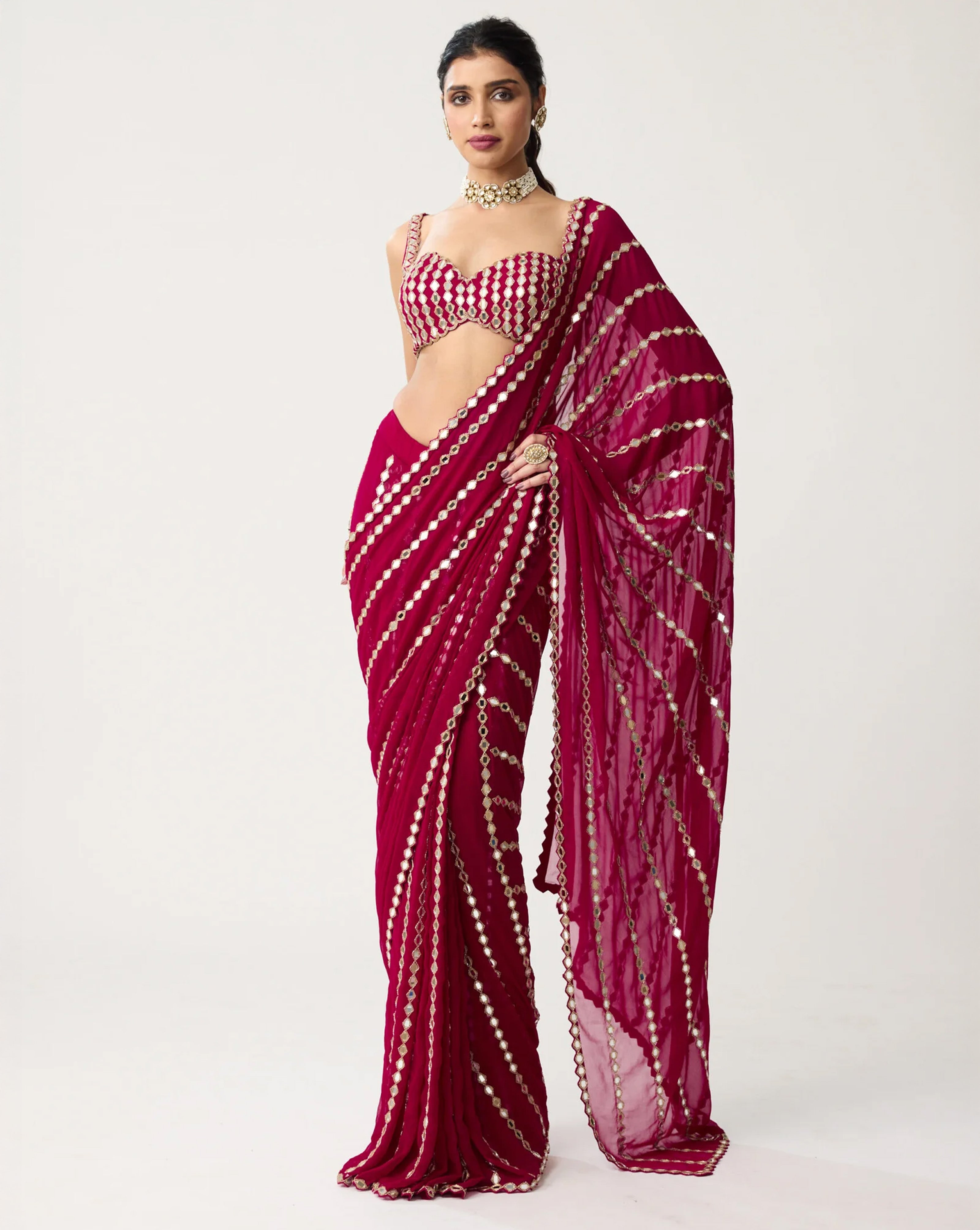 Ruby Red Linear Mirror Saree Set – Panache by Sharmeen