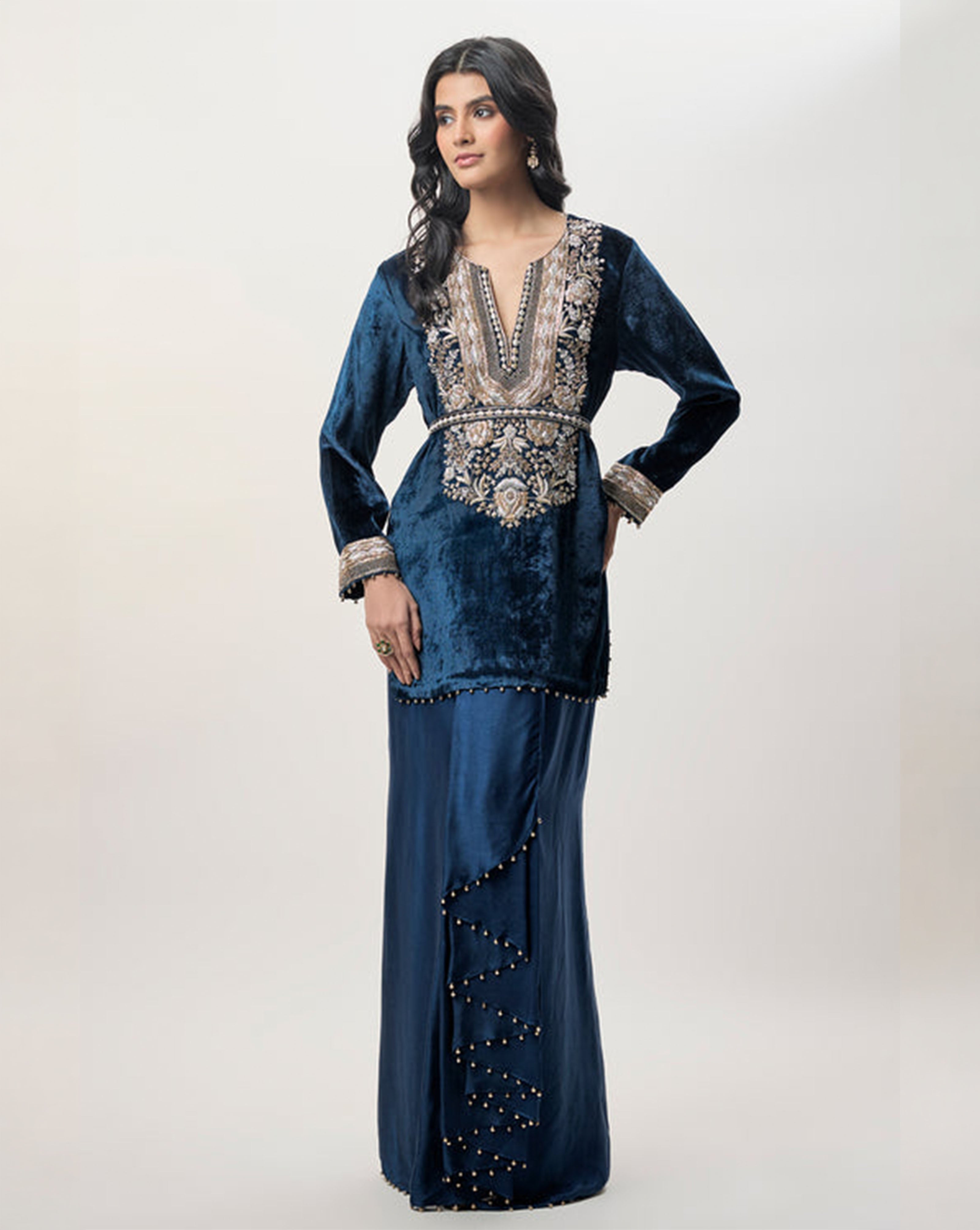 Samira Navy Blue Velvet Embroidered Yoke And With Dhoti Skirt And Belt ...