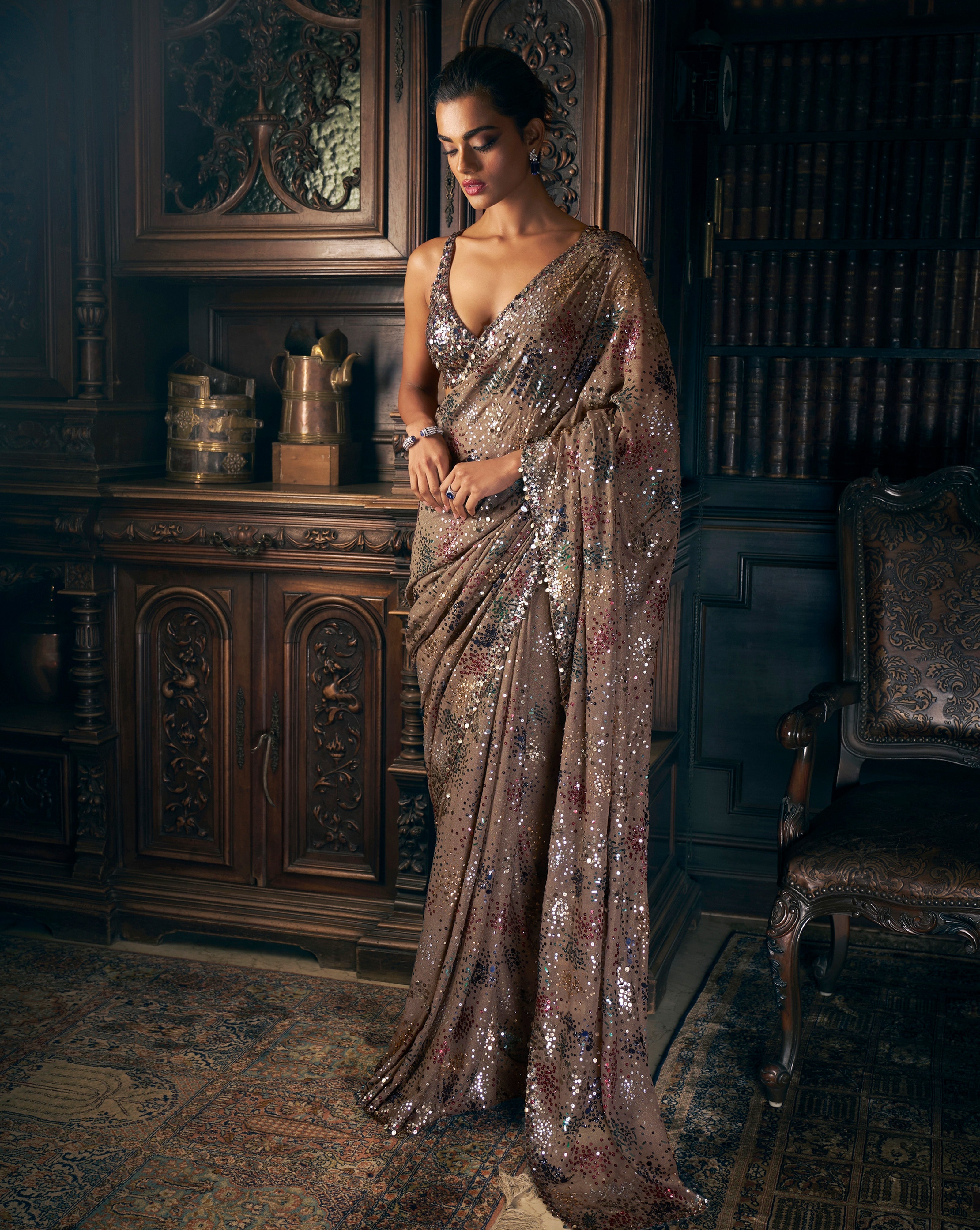 Ash Grey Sequin Saree – Panache by Sharmeen