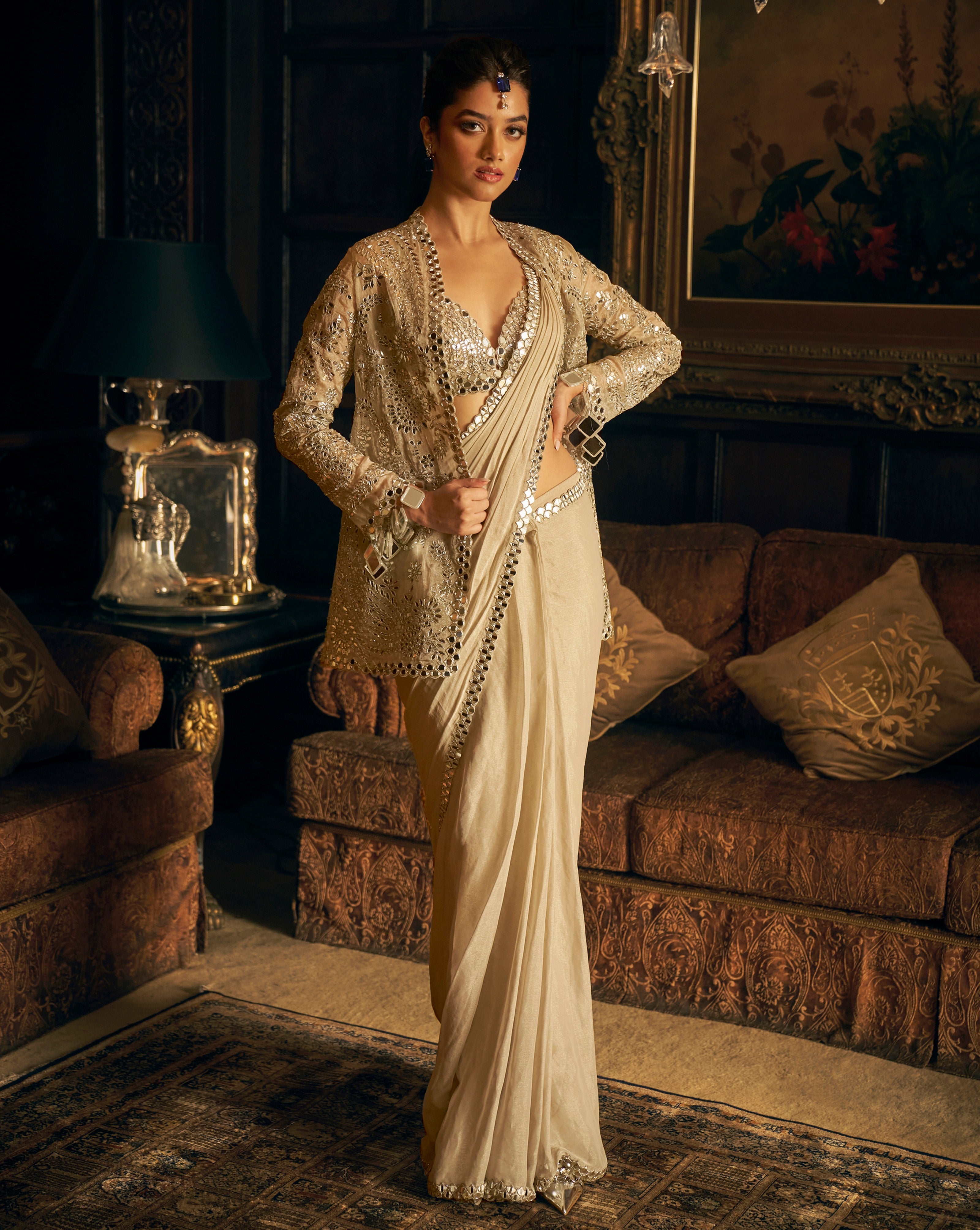 Silver Mirror Work Stitched & Jacket Saree – Panache by Sharmeen