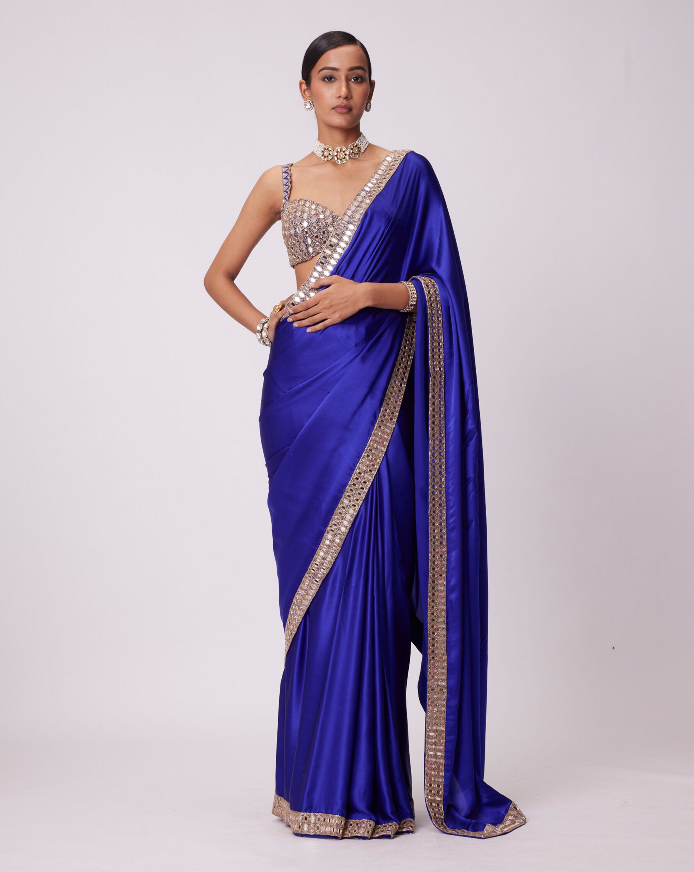 Persian Blue Hand Embroidered Satin Saree Set – Panache by Sharmeen