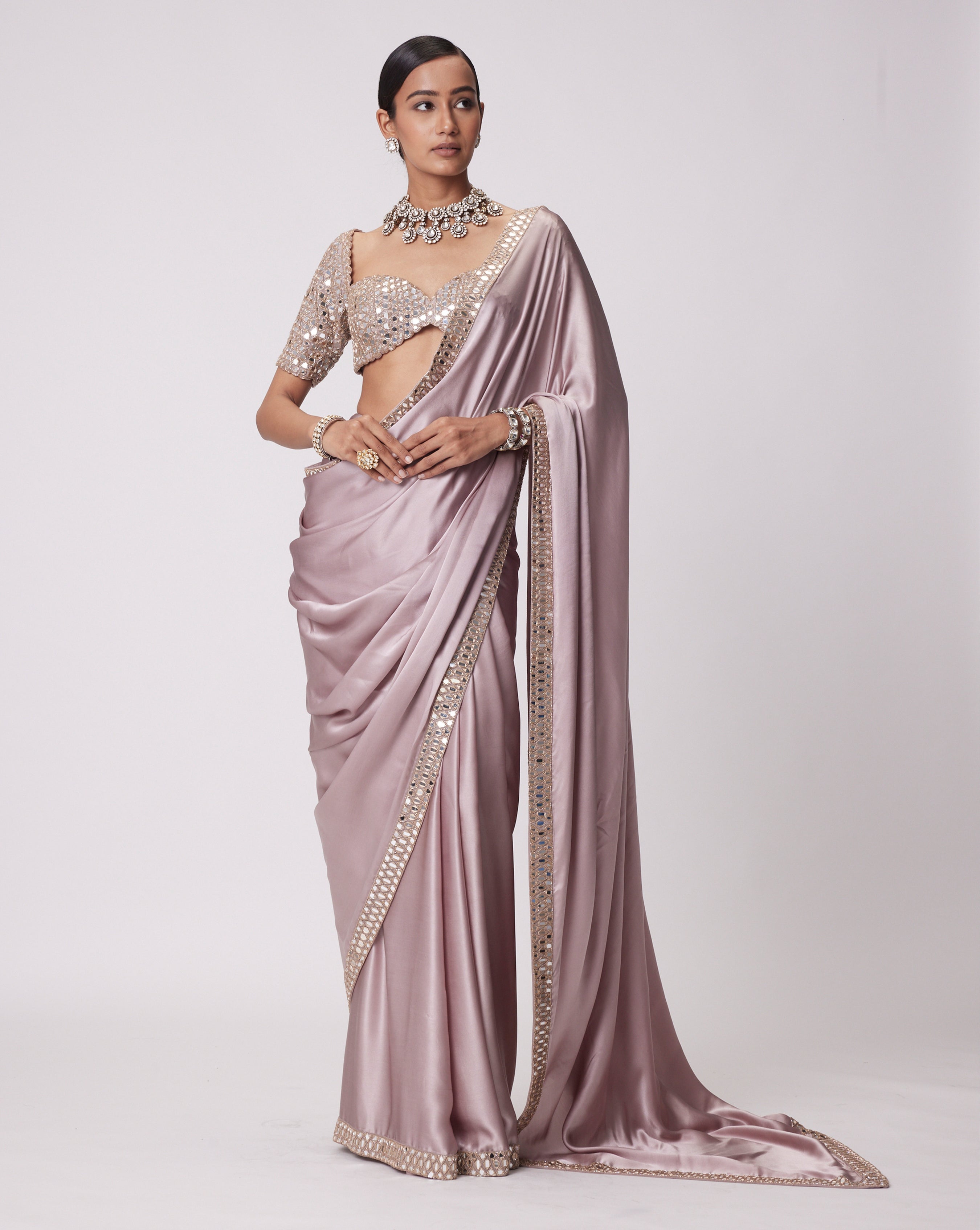 Ash Pink Satin Saree Set – Panache by Sharmeen