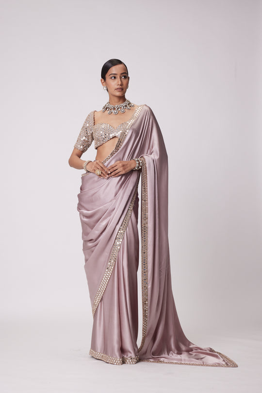 Ash Pink Satin Saree Set – Panache by Sharmeen