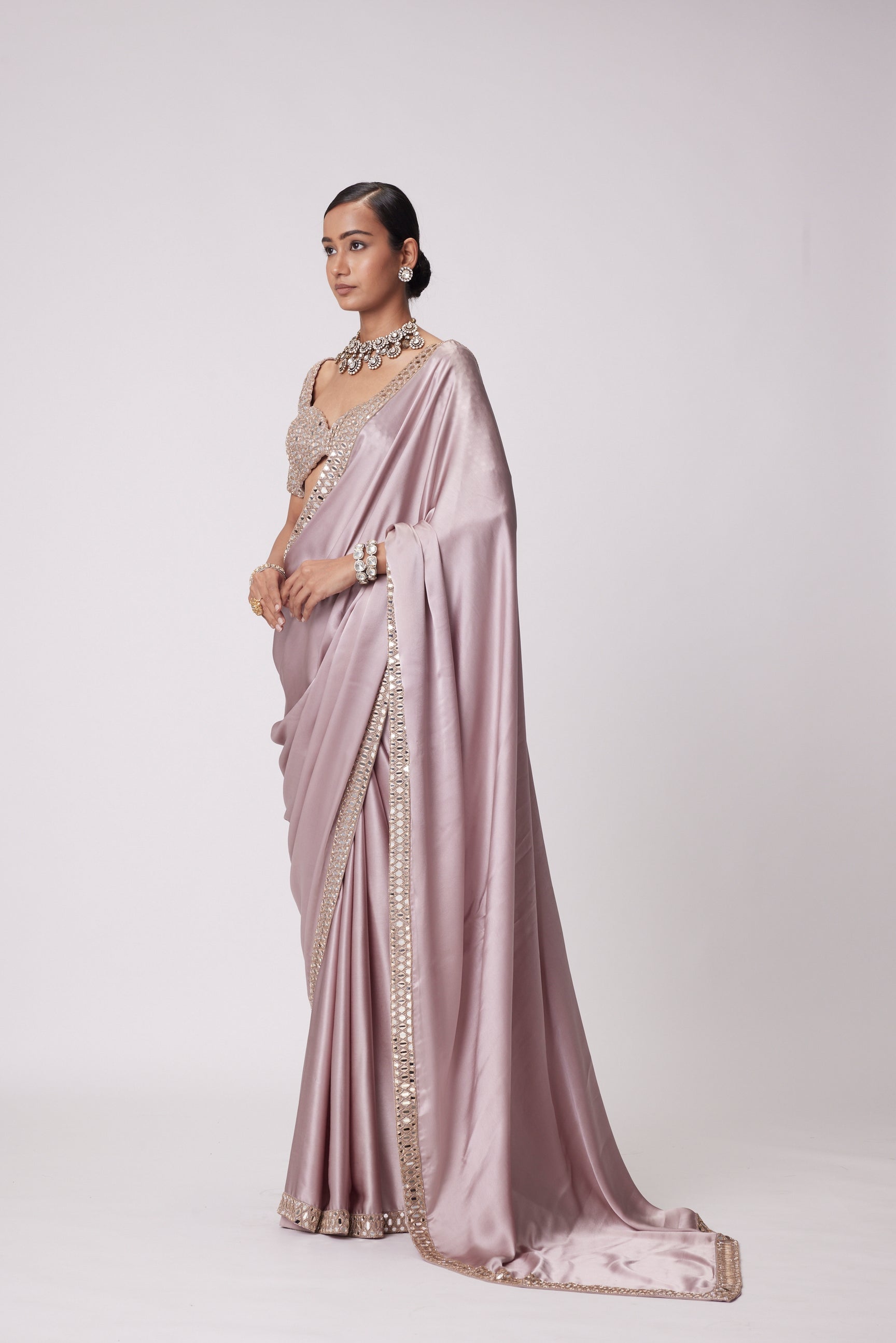 Ash Pink Satin Saree Set – Panache by Sharmeen