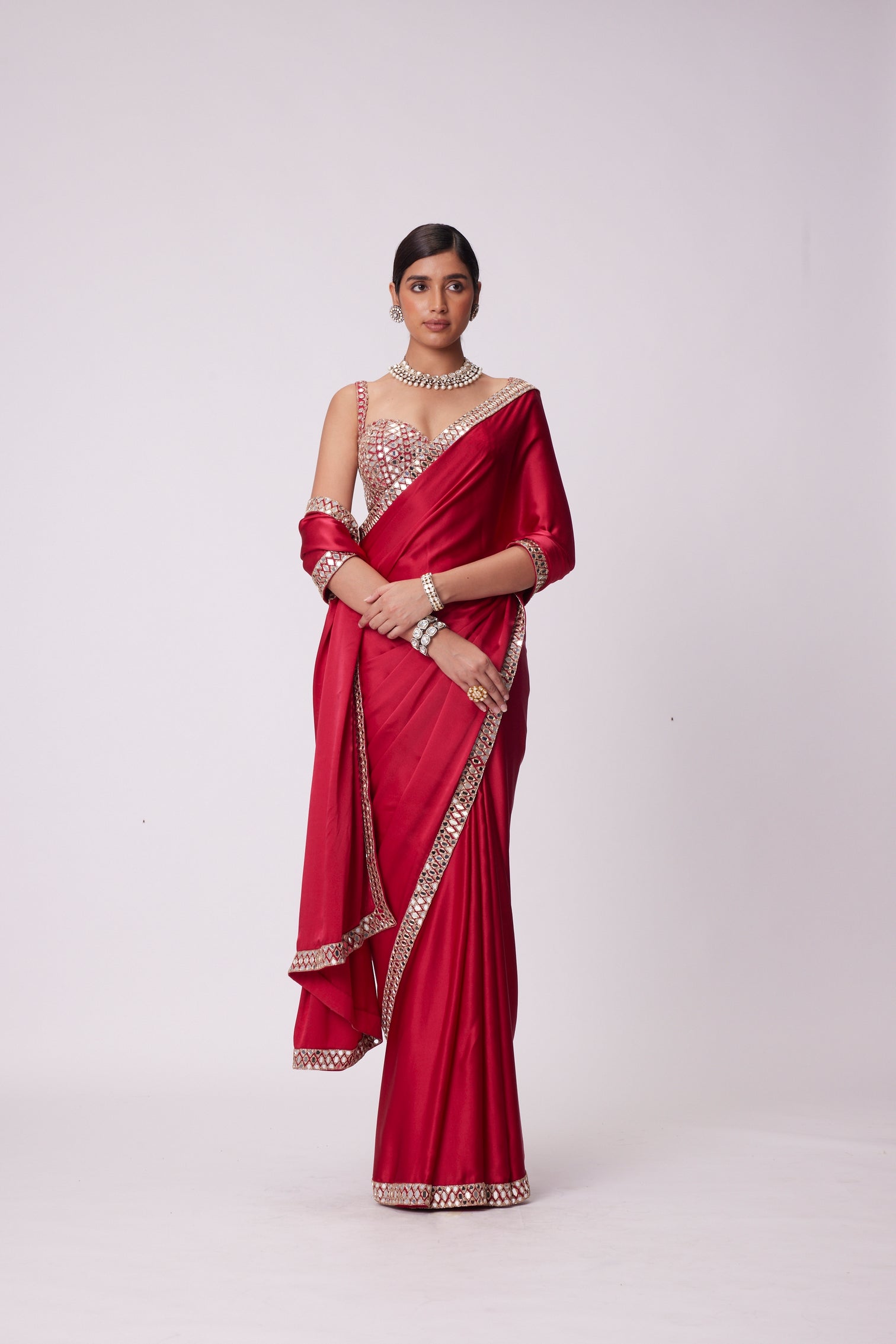 Crimson Red Satin Saree Set – Panache by Sharmeen