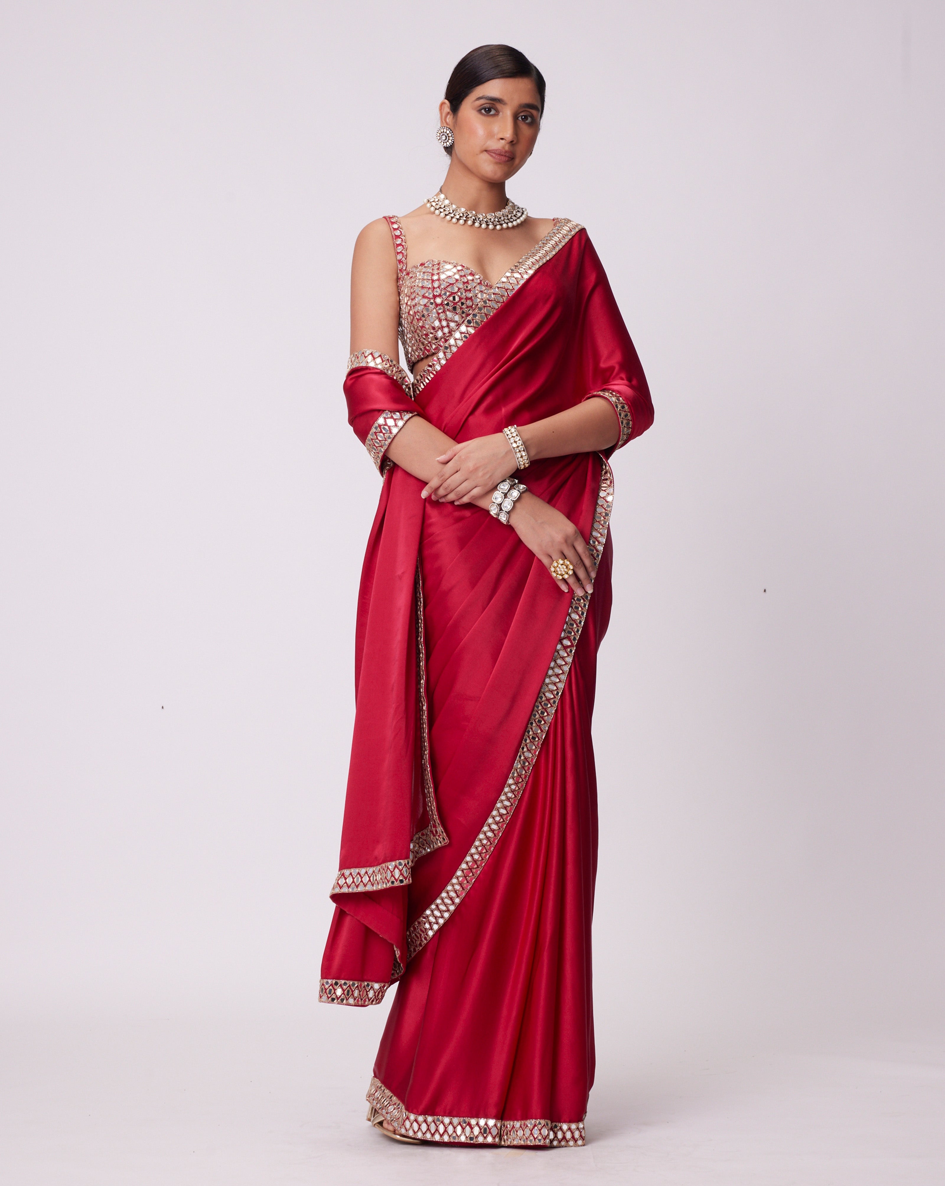 Crimson Red Satin Saree Set – Panache by Sharmeen