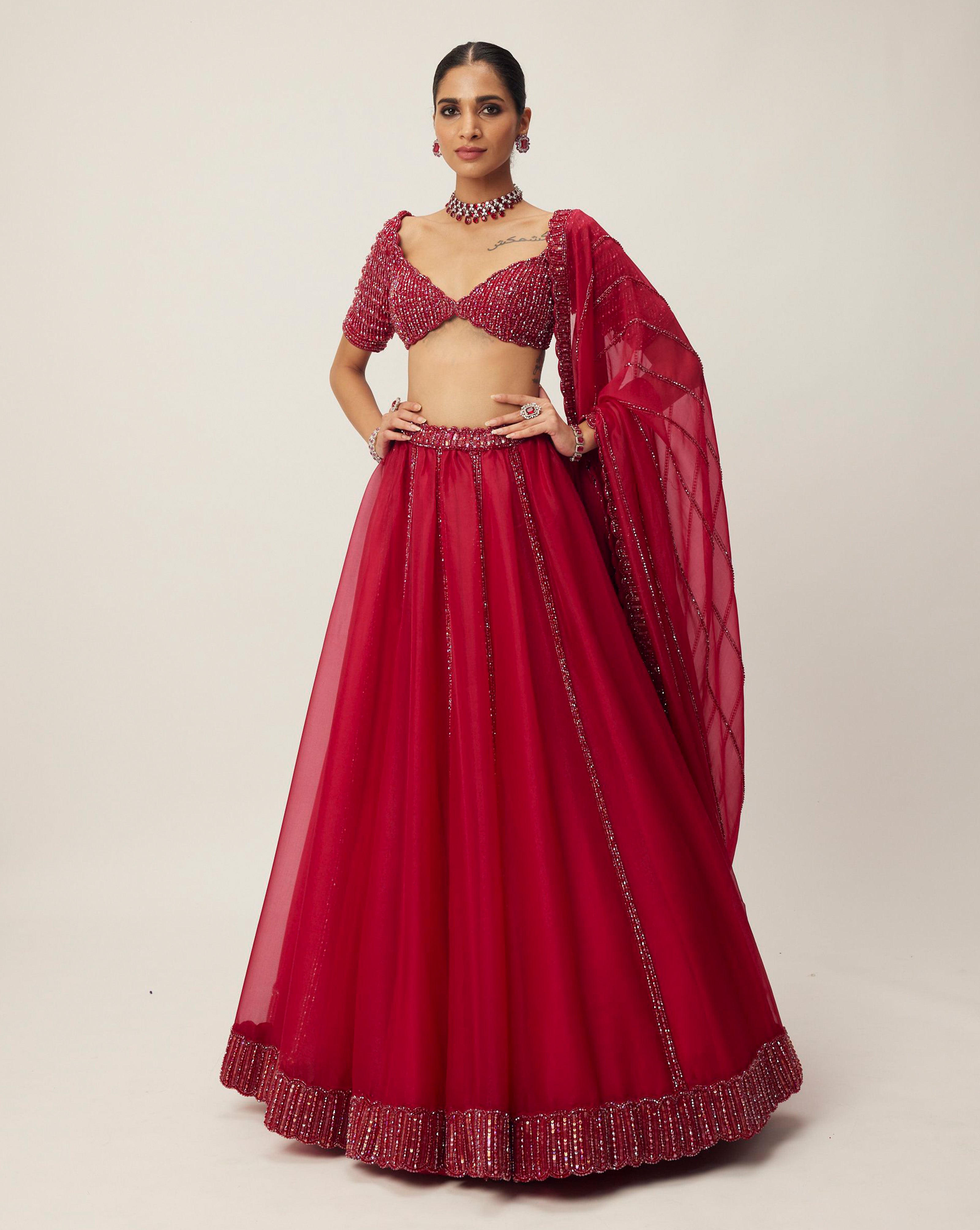Ruby Red Organza Lehenga Set – Panache by Sharmeen
