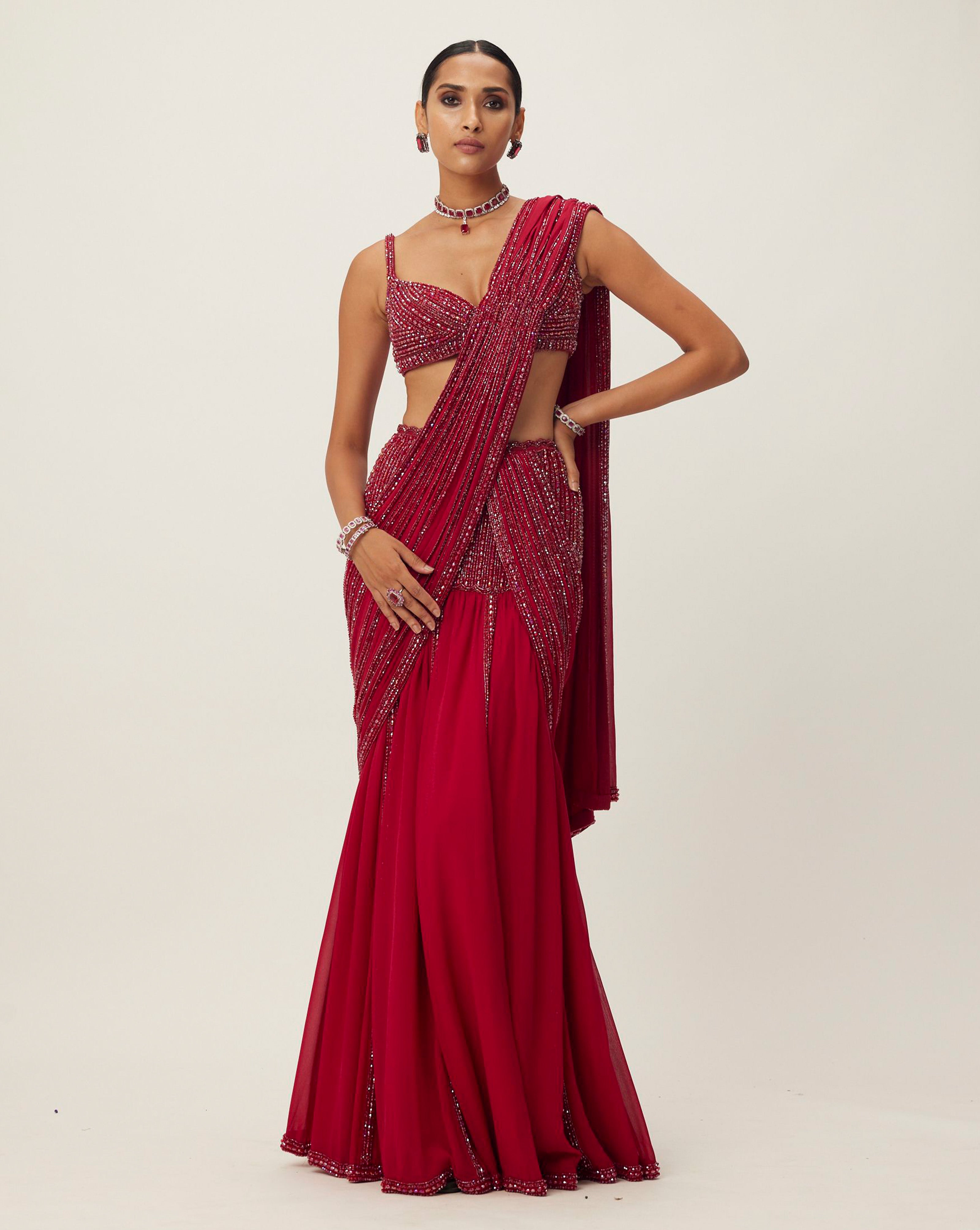 Ruby Red Pre Draped Crystal Embellished Saree Set – Panache by Sharmeen