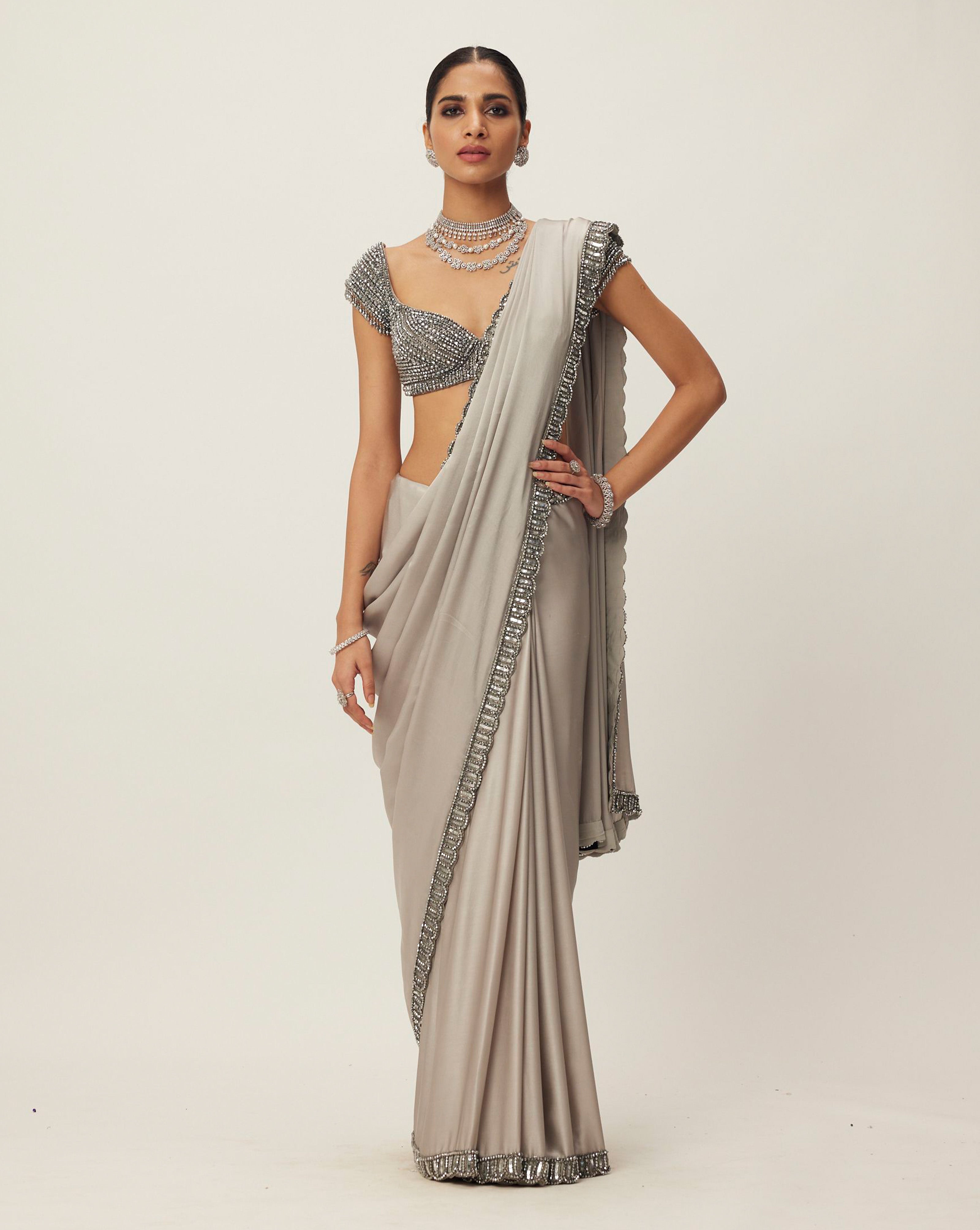 Crystal Grey Satin Saree Set – Panache by Sharmeen