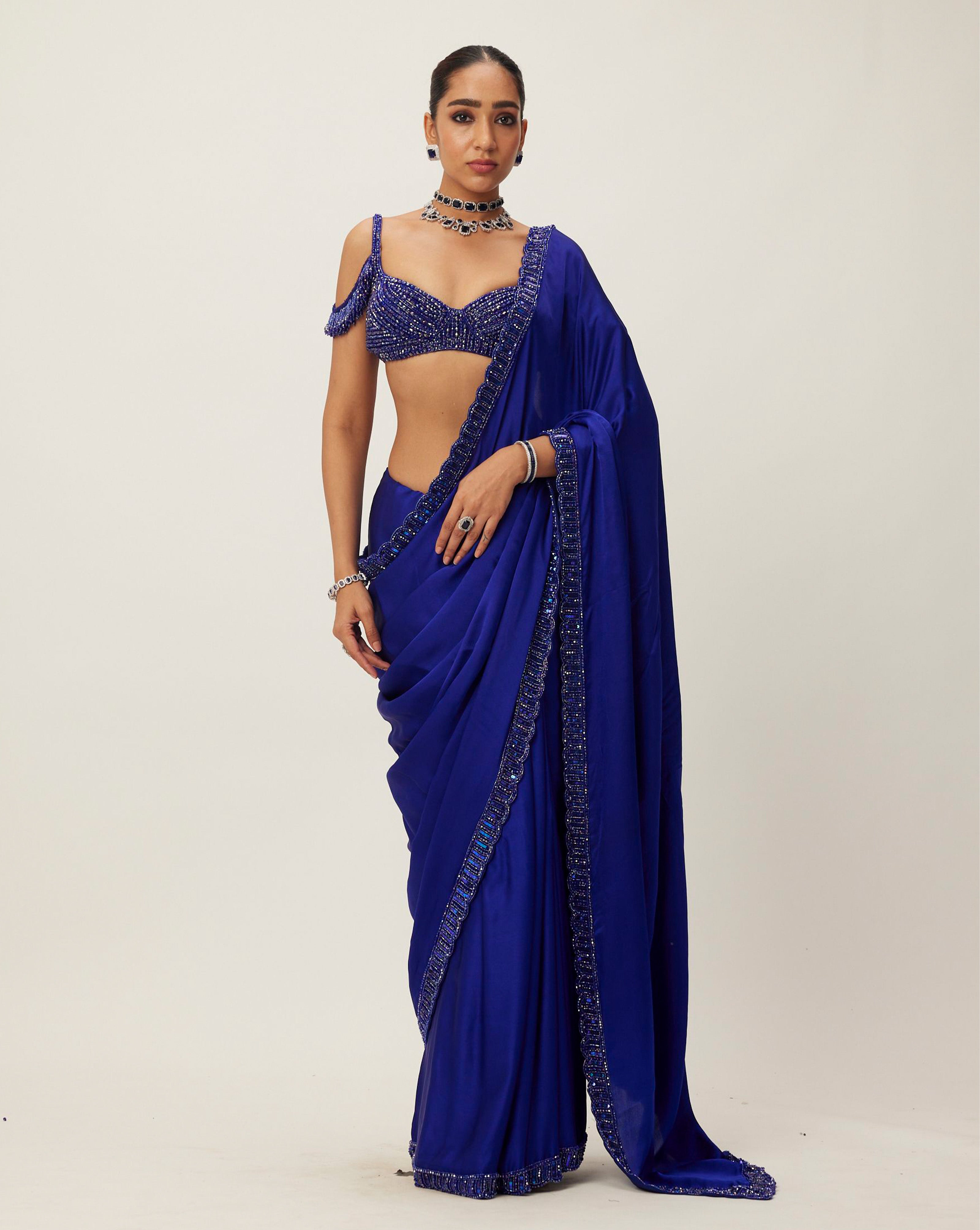 Cocktail Blue Satin Saree Set – Panache by Sharmeen