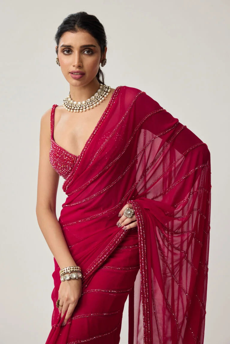 Ruby Red Crystal Saree set – Panache by Sharmeen