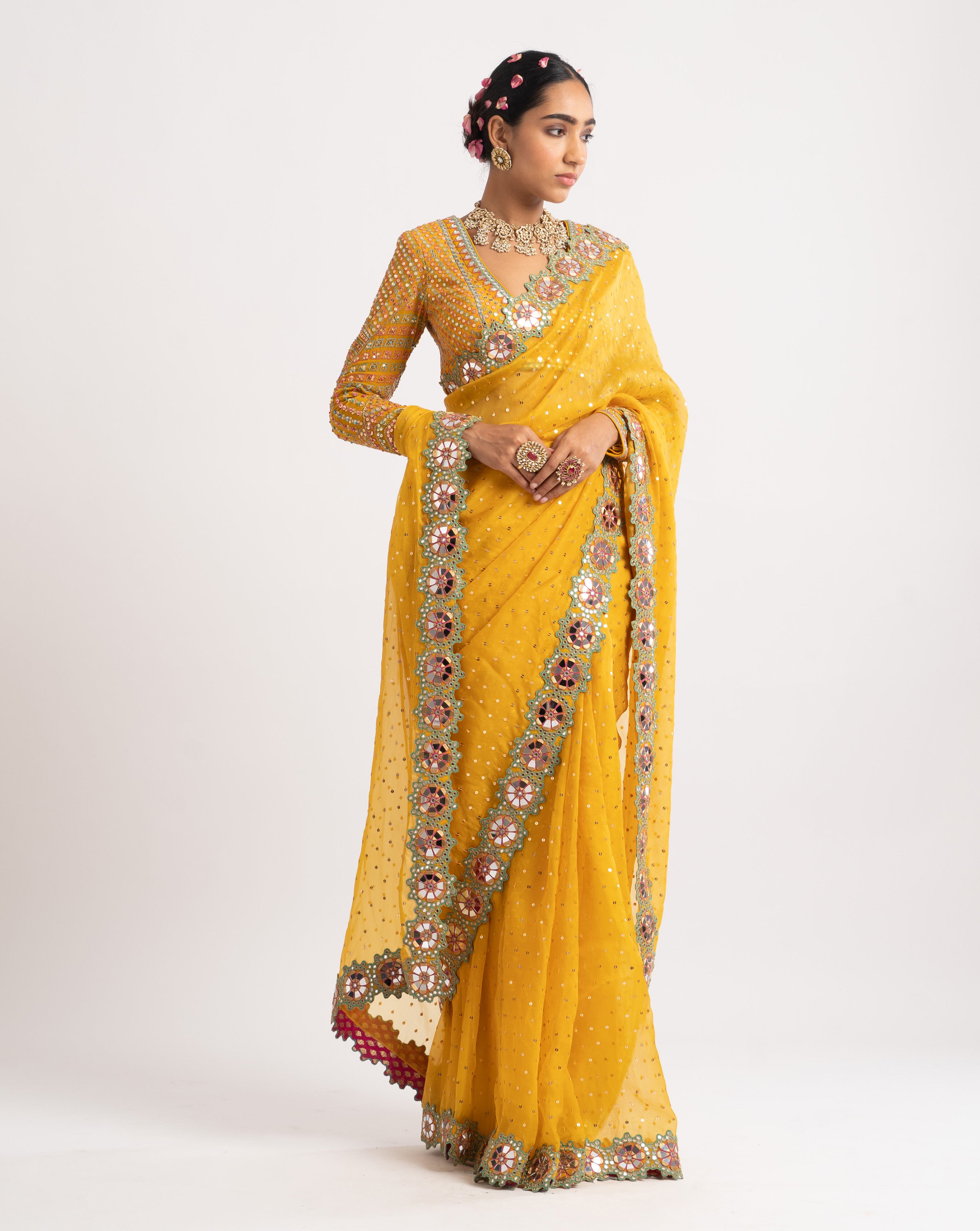 Yellow Hand Cut Mirror Border Saree Set – Panache by Sharmeen
