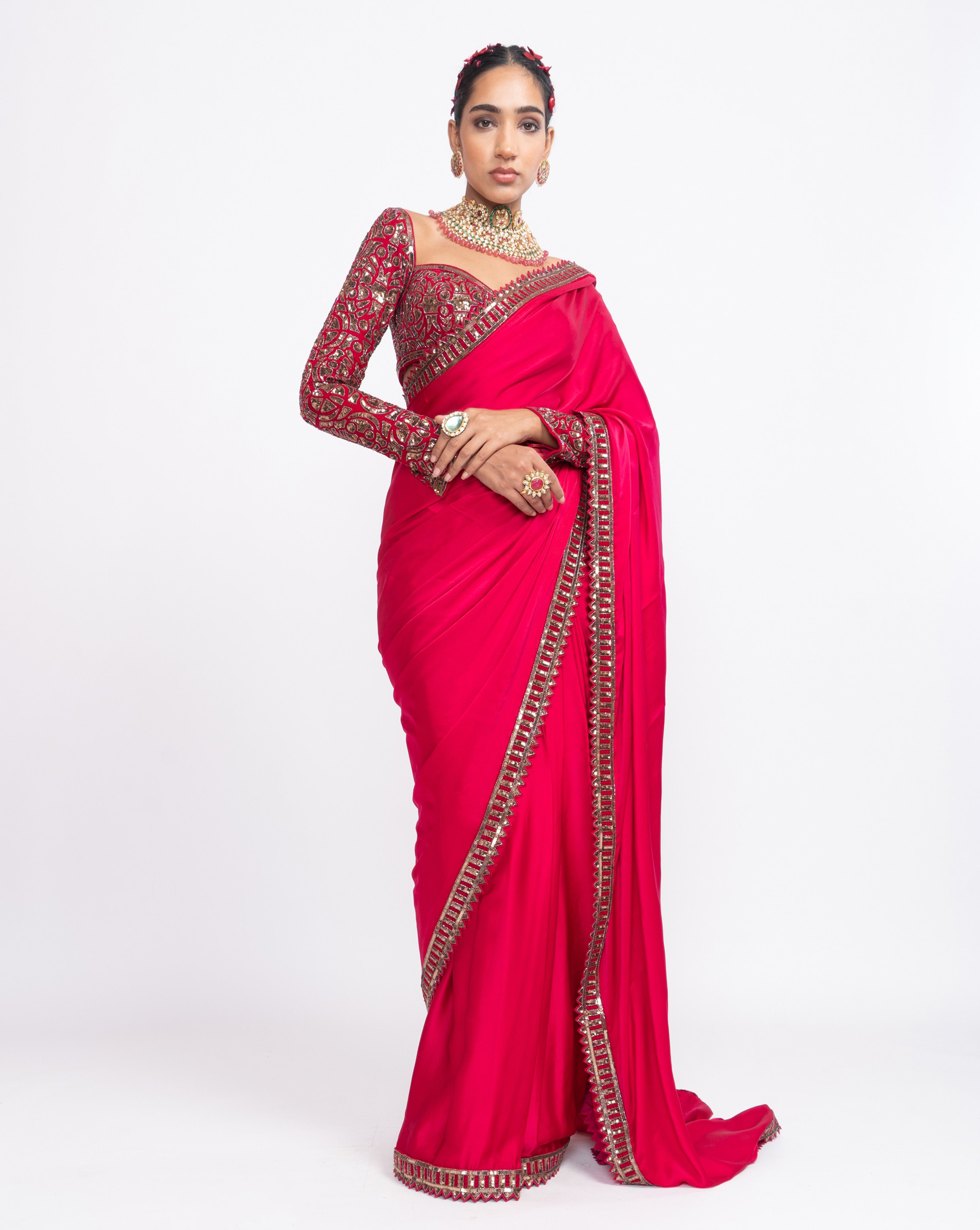 Red Satin Saree Set – Panache by Sharmeen