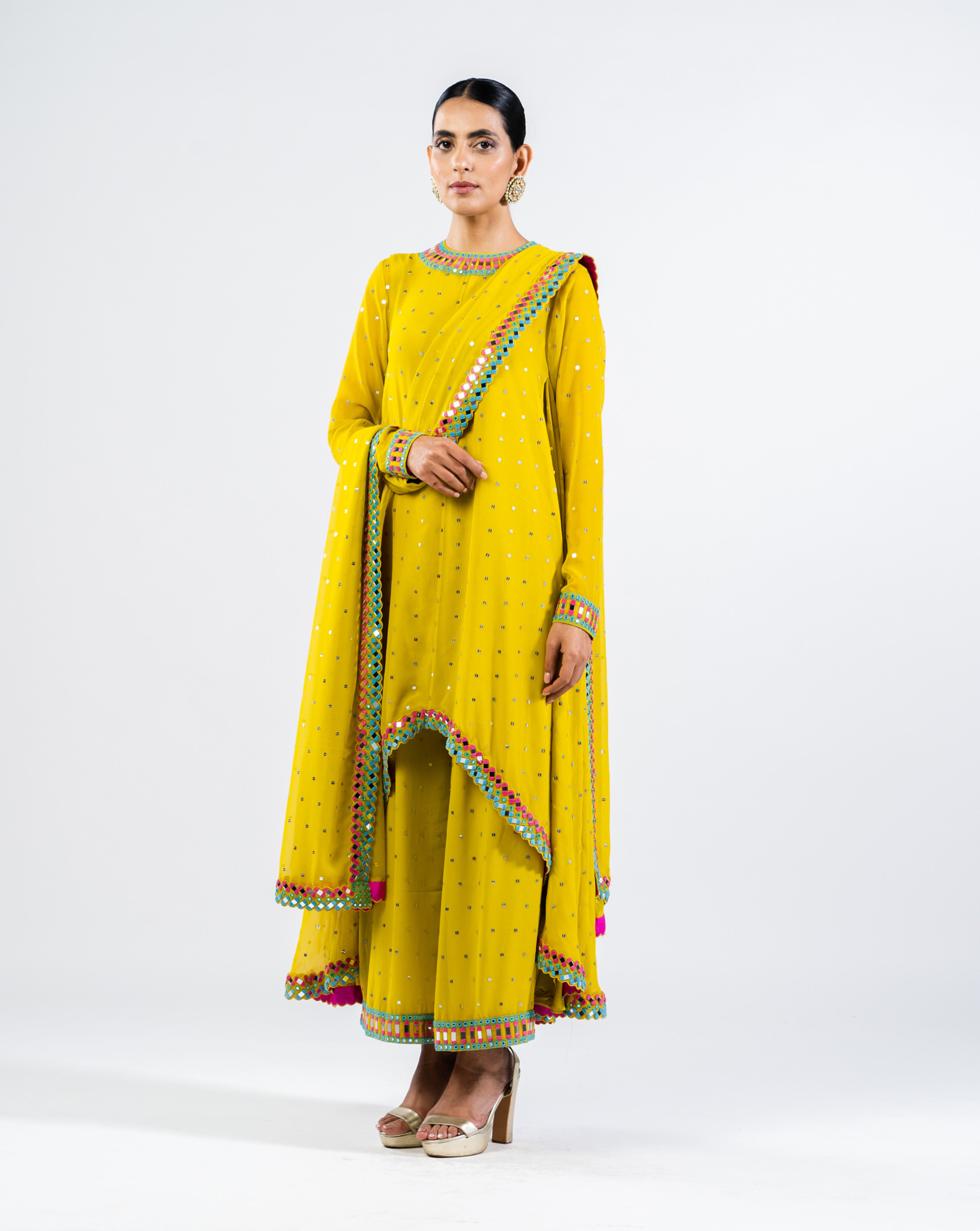 Moss Green Asymmetrical Kurta Set With Dupatta – Panache by Sharmeen