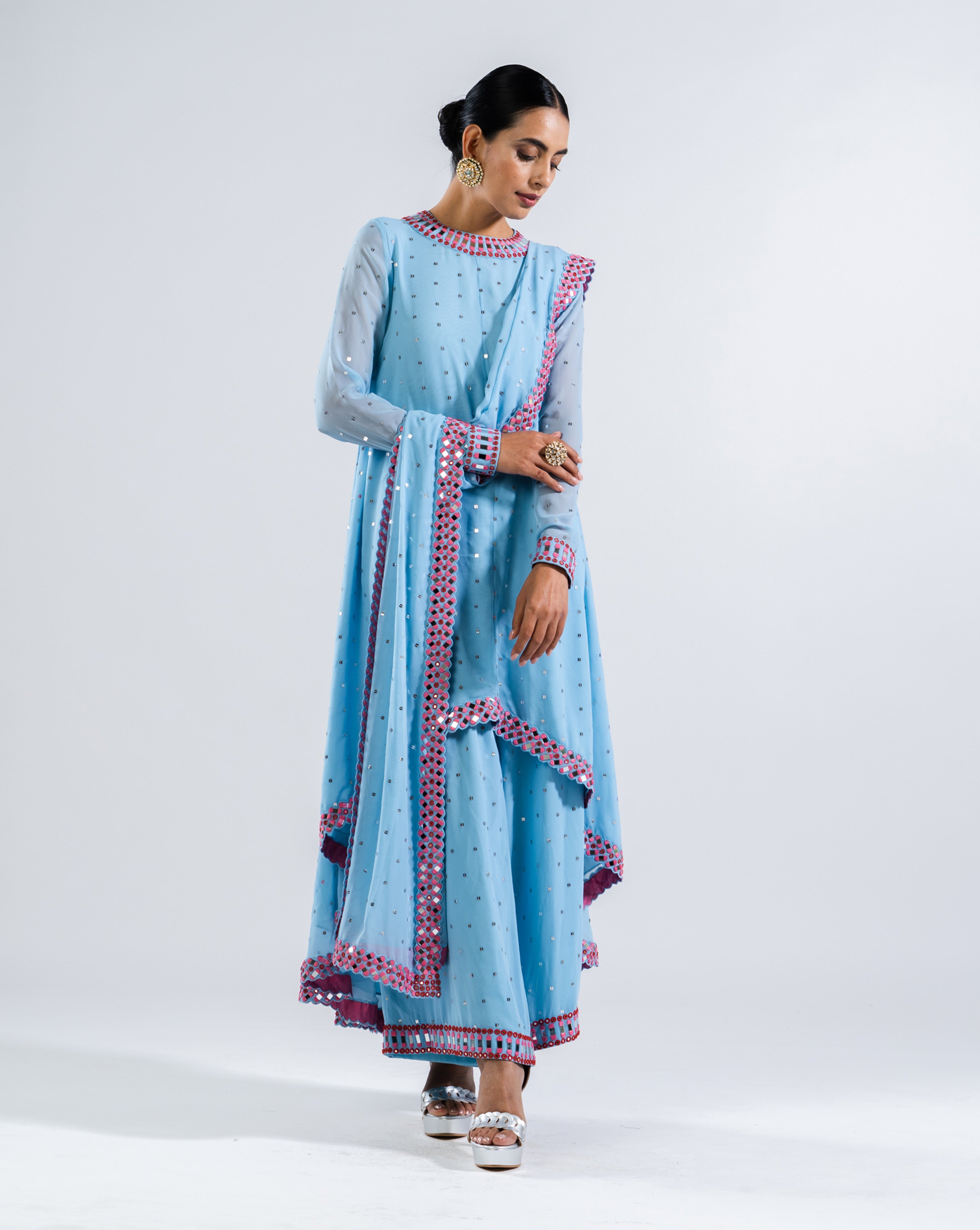 Ice Blue Asymmetrical Kurta Set With Dupatta – Panache by Sharmeen