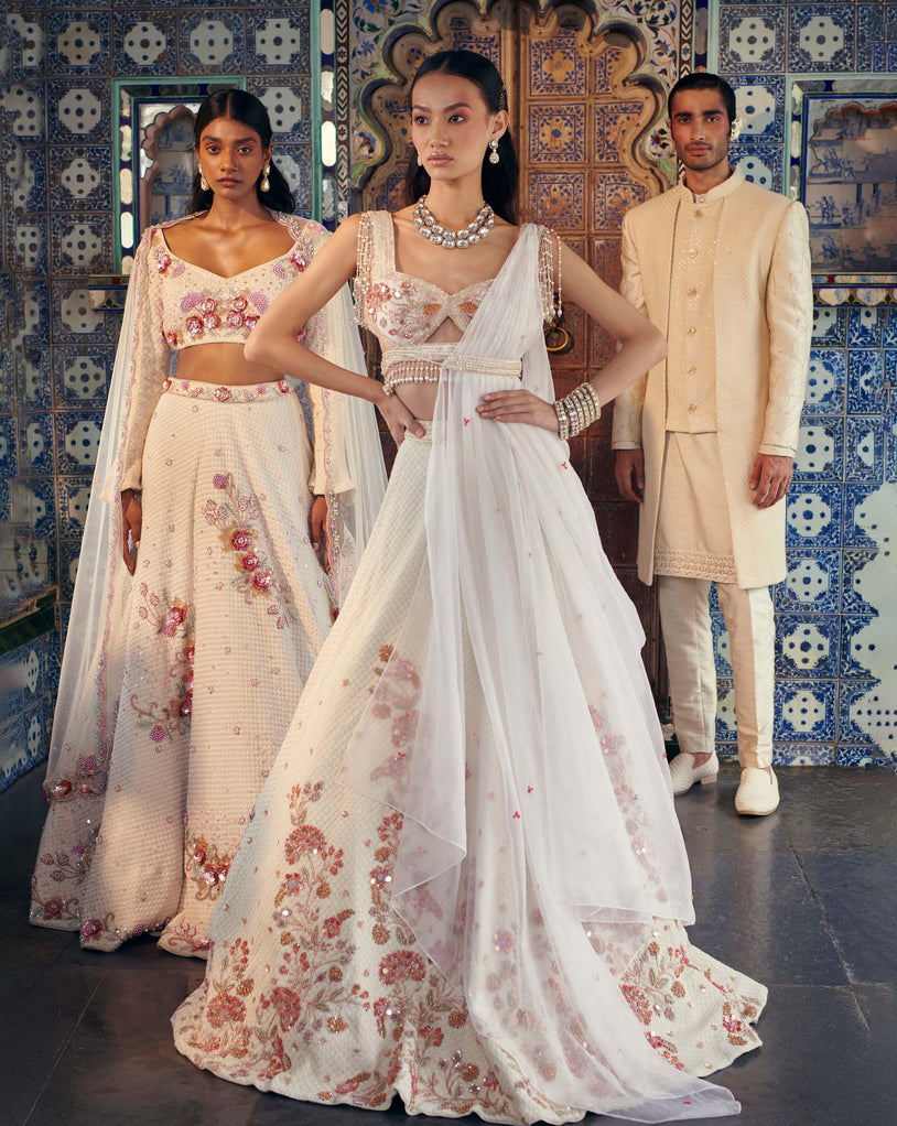 Ivory Lehenga with Drape – Panache by Sharmeen